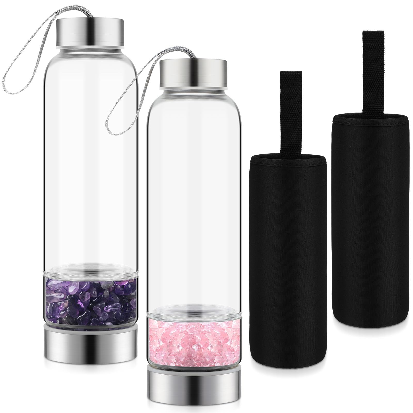 meekoo 2 Pieces Crystal Glass Water Bottle Clear Water Bottle with Gemstone Center Natural Amethyst and Rose Quartz Water Bottle Quartz Crystal Cup Energy Cup for Healing and Wellness (Small Stone)