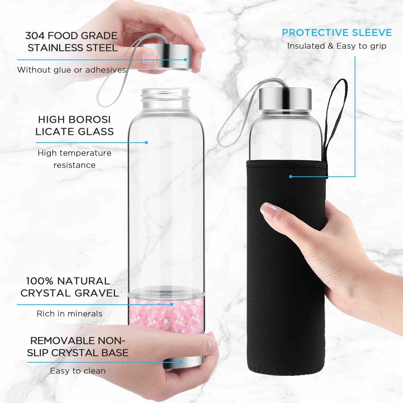 meekoo 2 Pieces Crystal Glass Water Bottle Clear Water Bottle with Gemstone Center Natural Amethyst and Rose Quartz Water Bottle Quartz Crystal Cup Energy Cup for Healing and Wellness (Small Stone)