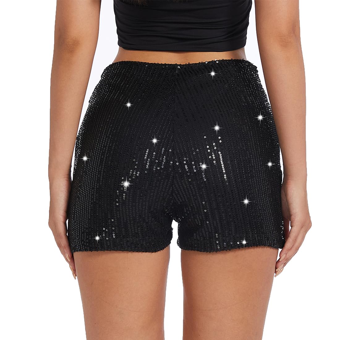 Sequin Shorts for Women High Waist Elastic Sparkly Straight Leg Short Glitter Sparkle Hot Pants Solid Party Black S