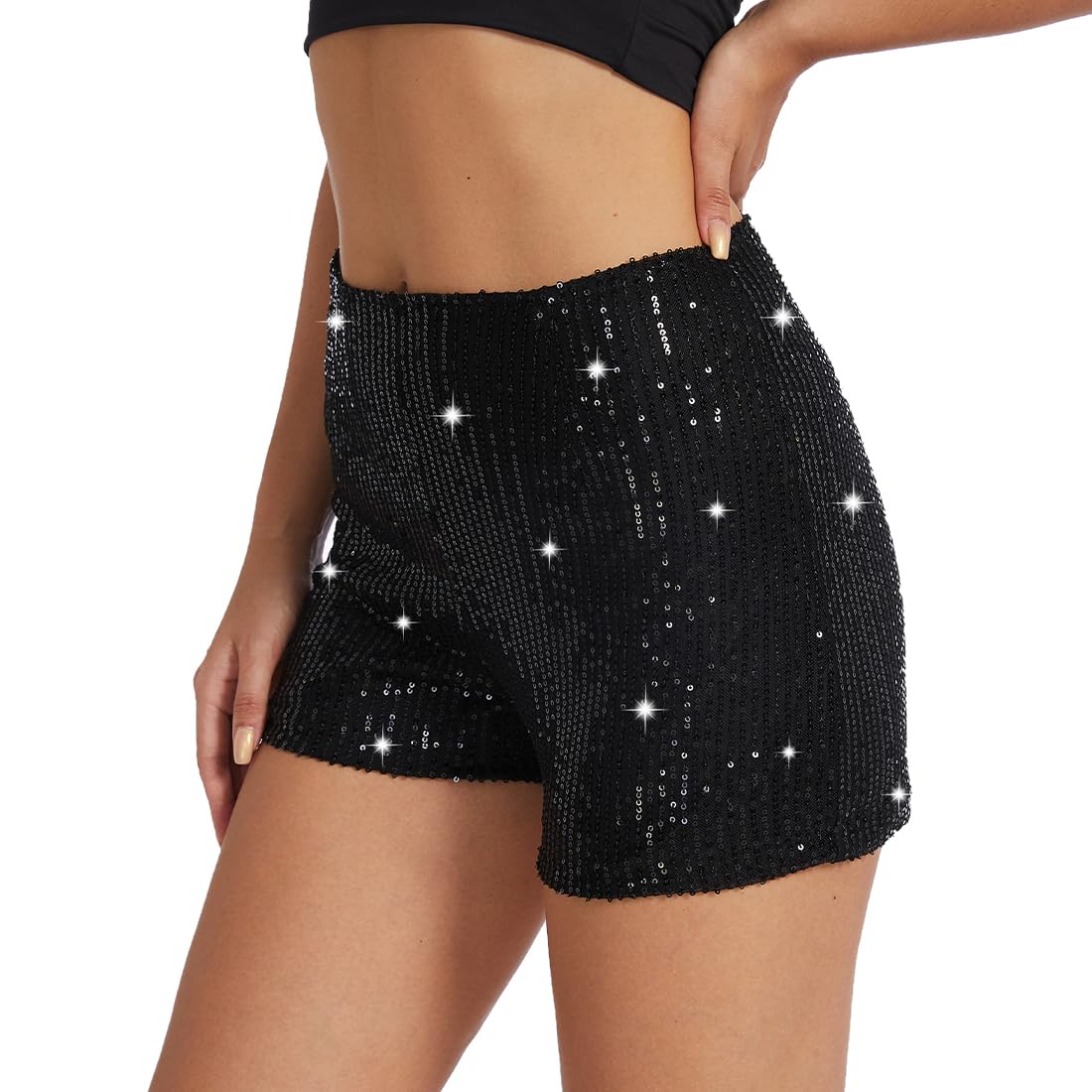 Sequin Shorts for Women High Waist Elastic Sparkly Straight Leg Short Glitter Sparkle Hot Pants Solid Party Black S