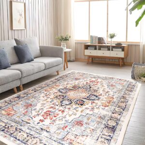 bestsweetie area rug 8x10 rugs for living room 8 x 10 washable rugs non slip vintage boho living room rugs for bedroom dining room, distressed floral pattern carpet, beige