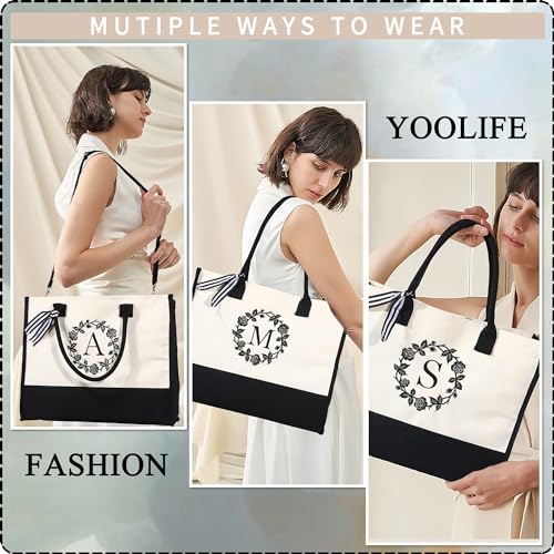 YOOLIFE Personalized Initial Canvas Tote Bag Gifts for Women, Gifts for Women Mom Birthday Beach Bag with Makeup Bag Pockets Friends Teacher Grandma Wedding Birthday Gifts Bridesmaid Bags D