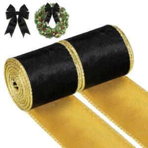 2 rolls christmas velvet ribbon velvet wired edge ribbon trim wrapping ribbon craft fabric ribbon for xmas bow making, floral arrangement decoration (black,2.5 inch x 6 yards)