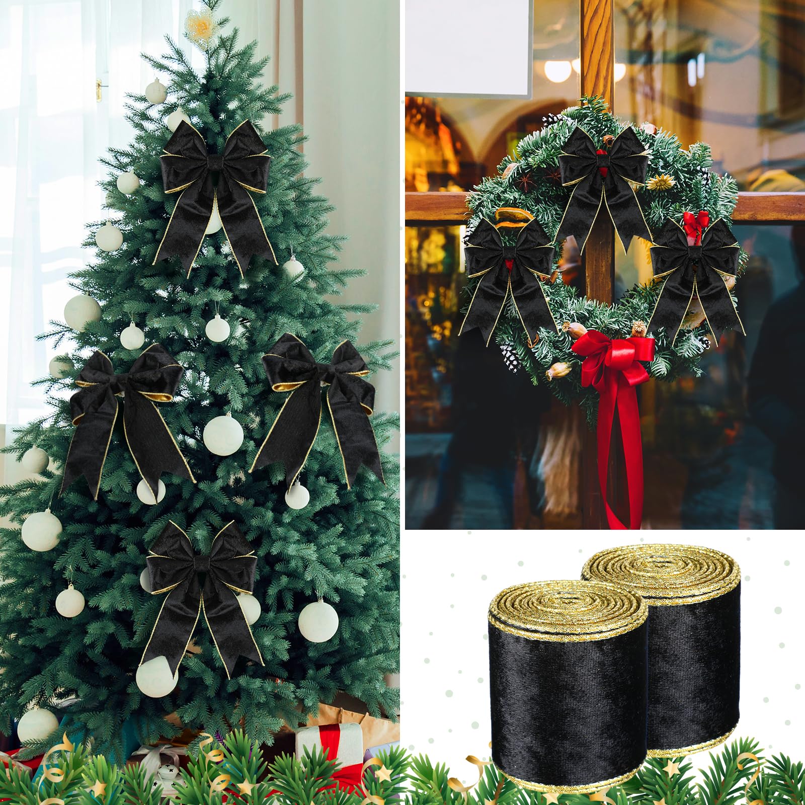 2 Rolls Christmas Velvet Ribbon Velvet Wired Edge Ribbon Trim Wrapping Ribbon Craft Fabric Ribbon for Xmas Bow Making, Floral Arrangement Decoration (Black,2.5 Inch x 6 Yards)