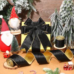 2 Rolls Christmas Velvet Ribbon Velvet Wired Edge Ribbon Trim Wrapping Ribbon Craft Fabric Ribbon for Xmas Bow Making, Floral Arrangement Decoration (Black,2.5 Inch x 6 Yards)