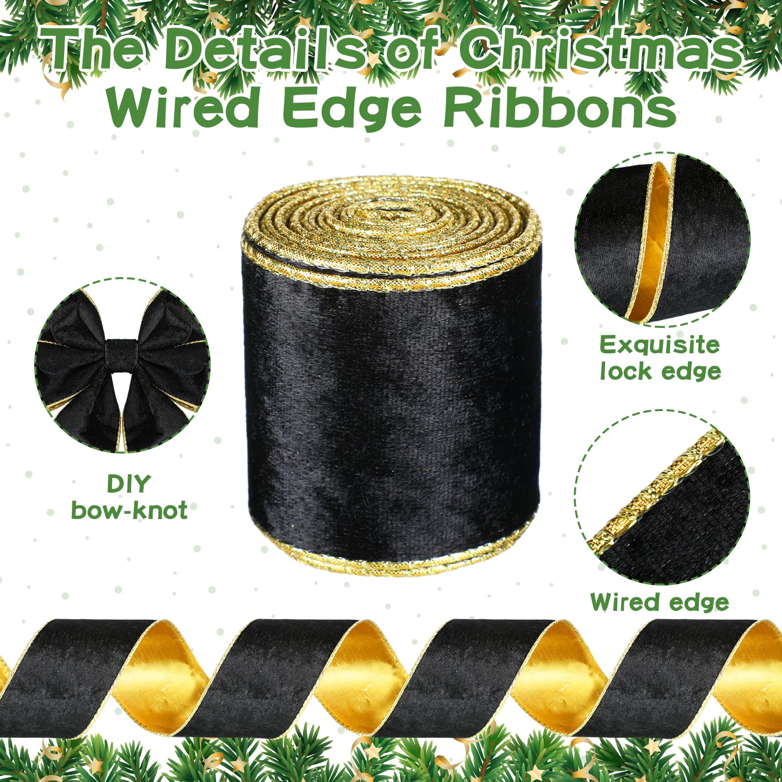 2 Rolls Christmas Velvet Ribbon Velvet Wired Edge Ribbon Trim Wrapping Ribbon Craft Fabric Ribbon for Xmas Bow Making, Floral Arrangement Decoration (Black,2.5 Inch x 6 Yards)