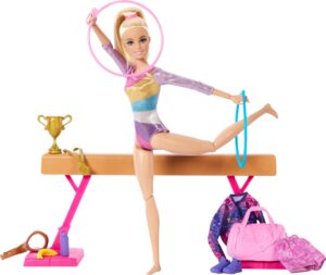 barbie careers playset, gymnastics set with blonde gymnast fashion doll, c-clip for flipping action, balance beam, warm-up suit & accessories