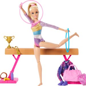 Barbie Careers Playset, Gymnastics Set with Blonde Gymnast Fashion Doll, C-Clip for Flipping Action, Balance Beam, Warm-Up Suit & Accessories