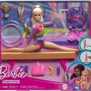 Barbie Careers Playset, Gymnastics Set with Blonde Gymnast Fashion Doll, C-Clip for Flipping Action, Balance Beam, Warm-Up Suit & Accessories