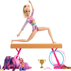 Barbie Careers Playset, Gymnastics Set with Blonde Gymnast Fashion Doll, C-Clip for Flipping Action, Balance Beam, Warm-Up Suit & Accessories