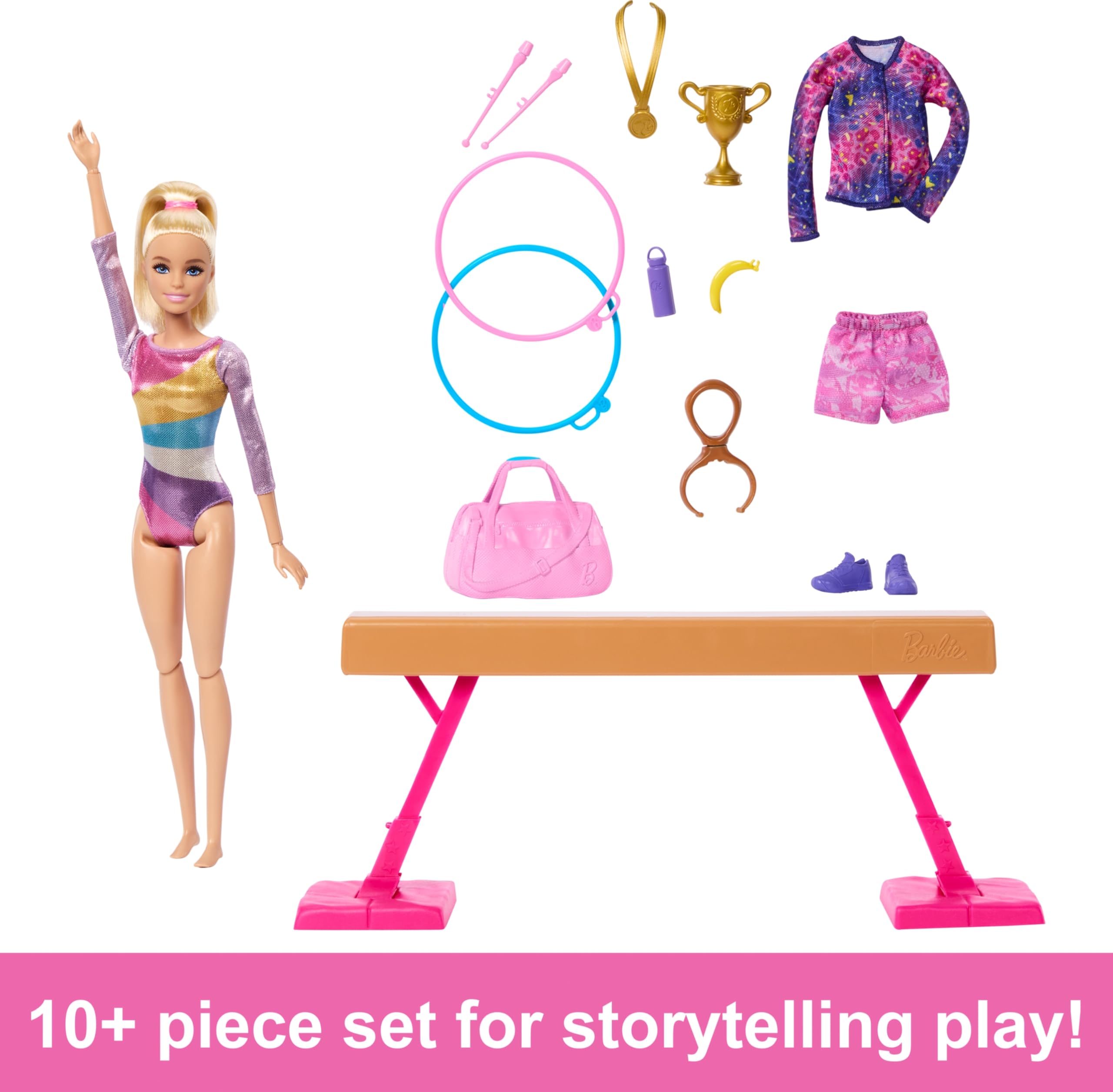 Barbie Careers Playset, Gymnastics Set with Blonde Gymnast Fashion Doll, C-Clip for Flipping Action, Balance Beam, Warm-Up Suit & Accessories