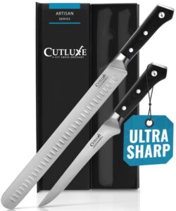 cutluxe bbq carving knife set – brisket slicing knife and boning knife for meat cutting – professional knife with razor sharp german steel, full tang, ergonomic handles – artisan series