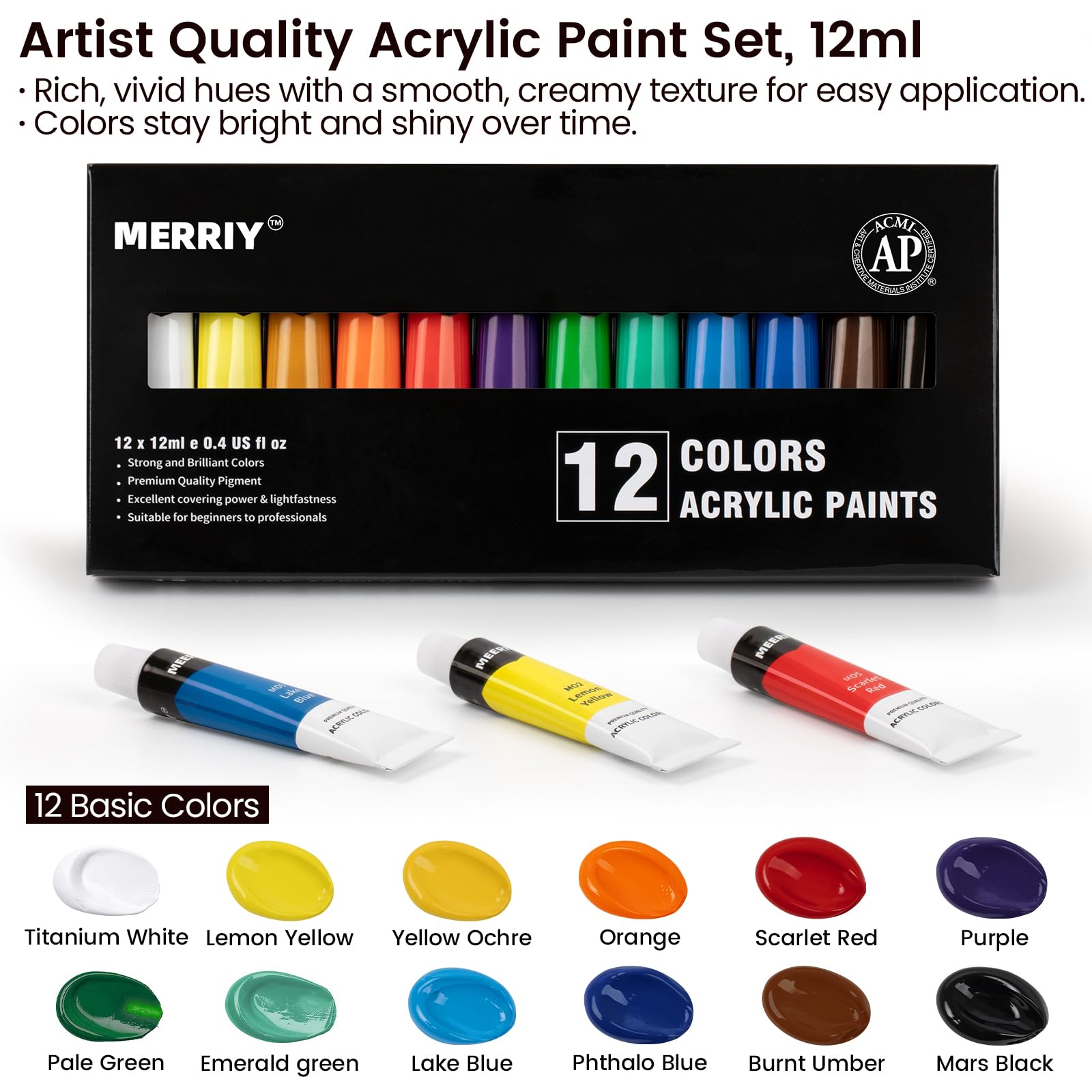 MERRIY Artist Acrylic Paint Set, Painting Supplies Kit with Tabletop Sketch Box Easel, 12 Colors Acrylic Paints,10"x 12" Stretched Canvas,Premium Acrylic Painting Set for Artist Adults, Beginners