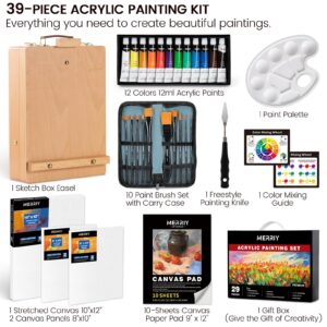 MERRIY Artist Acrylic Paint Set, Painting Supplies Kit with Tabletop Sketch Box Easel, 12 Colors Acrylic Paints,10"x 12" Stretched Canvas,Premium Acrylic Painting Set for Artist Adults, Beginners