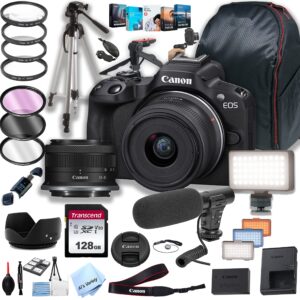 canon eos r50 mirrorless camera with rf-s 18-45mm f/4.5-6.3 is stm lens+ 128gb memory + led video light + microphone + back pack + steady grip pod + tripod + filters + software + more (renewed)