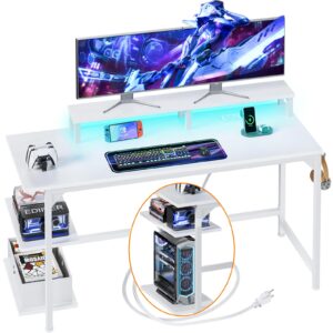 furologee white desk with power outlets and led lights, 47" office gaming desk with shelves and fabric drawer, reversible study table with monitor stand and hooks