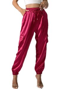 women's satin cargo joggers pants dressy casual silky elastic high waist trousers hot pink