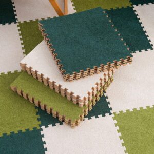 pe cushion foam interlocking carpet square tiles with border non-slip washable puzzle foam climbing mats tile 30x30cm multiple colors area playmat (size:15pcs,color:light green+dark green+white)