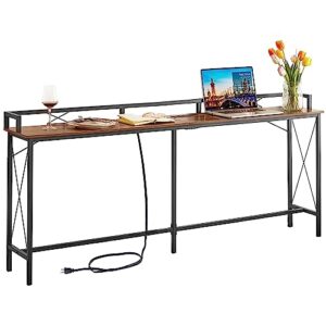 vecelo couch side & console table with 2 outlets and usb ports, 70.9 inches, brown