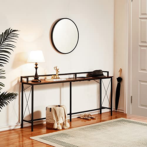 VECELO Couch Side & Console Table with 2 Outlets and USB Ports, 70.9 Inches, Brown