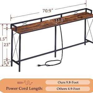 VECELO Couch Side & Console Table with 2 Outlets and USB Ports, 70.9 Inches, Brown