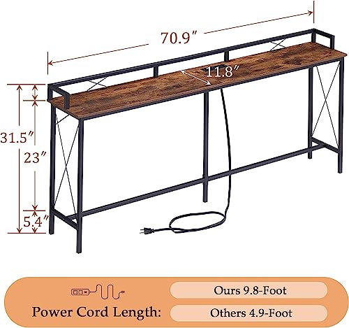 VECELO Couch Side & Console Table with 2 Outlets and USB Ports, 70.9 Inches, Brown