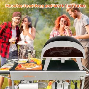 BBQMall Pizza Oven Table Cart for Ooni Koda/Karu/Fyra 16 & 12 with Pizza Topping Station, Movable Food and Prep Workcart, Outdoor Grill Stand for Ninja Woodfire, Blackstone Griddle Cuisinart etc Grill