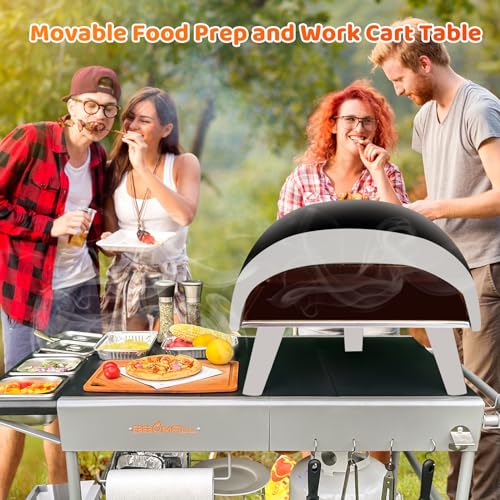 BBQMall Pizza Oven Table Cart for Ooni Koda/Karu/Fyra 16 & 12 with Pizza Topping Station, Movable Food and Prep Workcart, Outdoor Grill Stand for Ninja Woodfire, Blackstone Griddle Cuisinart etc Grill