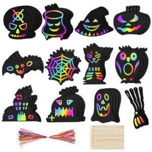 halloween scratch paper art for kids - 48 pcs diy rainbow scratch paper off cards set for kids crafts arts supplies class birthday holiday party activity gift