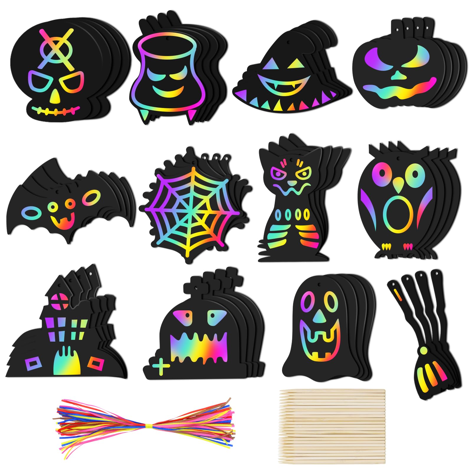 Halloween Scratch Paper Art for Kids - 48 Pcs DIY Rainbow Scratch Paper Off Cards Set for Kids Crafts Arts Supplies Class Birthday Holiday Party Activity Gift