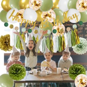 Sage Green Birthday Decorations Neutral Birthday Party Decor with Happy Birthday Banner Sage Paper Tassels Garland Circle Dots Garland Olive Green Gold Paper Pom Poms Balloons for Girls Women