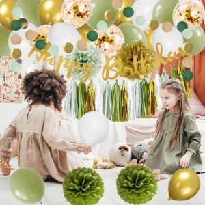 Sage Green Birthday Decorations Neutral Birthday Party Decor with Happy Birthday Banner Sage Paper Tassels Garland Circle Dots Garland Olive Green Gold Paper Pom Poms Balloons for Girls Women