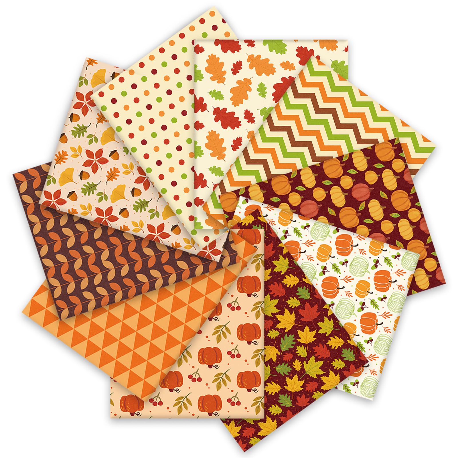 Whaline 10Pcs Fall Cotton Fabric Bundles 18 x 22 Inch Fall Leaves Pumpkin Wave Dot Fat Quarters Autumn Quilting Patchwork Squares Sewing Fabrics for Fall Thanksgiving DIY Handmade Craft Party Decor