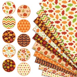 Whaline 10Pcs Fall Cotton Fabric Bundles 18 x 22 Inch Fall Leaves Pumpkin Wave Dot Fat Quarters Autumn Quilting Patchwork Squares Sewing Fabrics for Fall Thanksgiving DIY Handmade Craft Party Decor