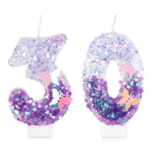 birthday candles number 30 candle, butterfly 30th birthday decorations for women/girl, purple happy birthday candle for cake, handmade sequin numeral candle wedding cake topper anniversary party decor