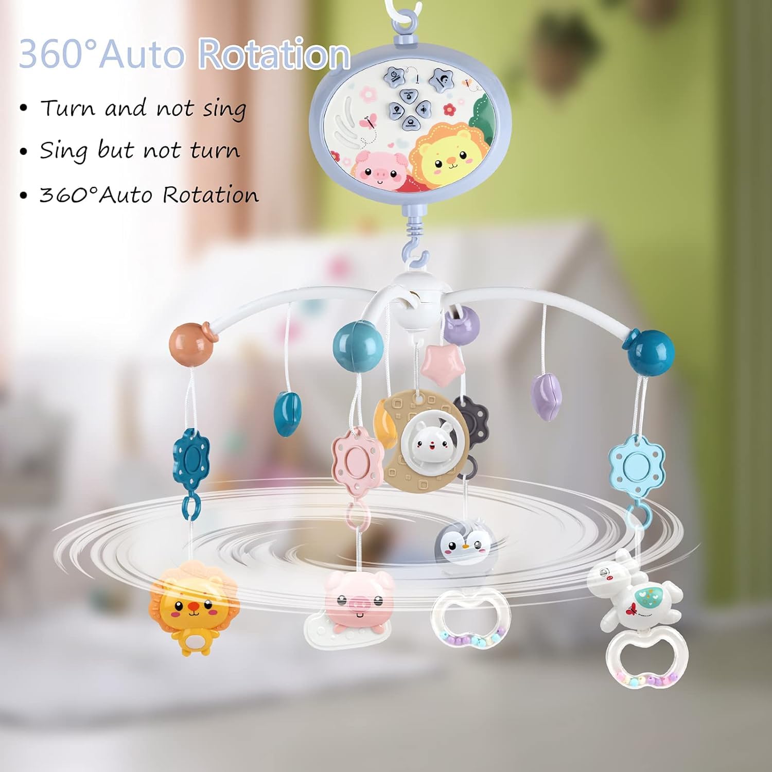 Baby Crib Mobile with Music and Lights, Hanging Rotating Animals Rattles, Stars Projection, Remote Control, for Boy Girl Newborn Baby Toys 3-6 Month, Baby Teething Toys for Bite Grip, Blue Upgraded