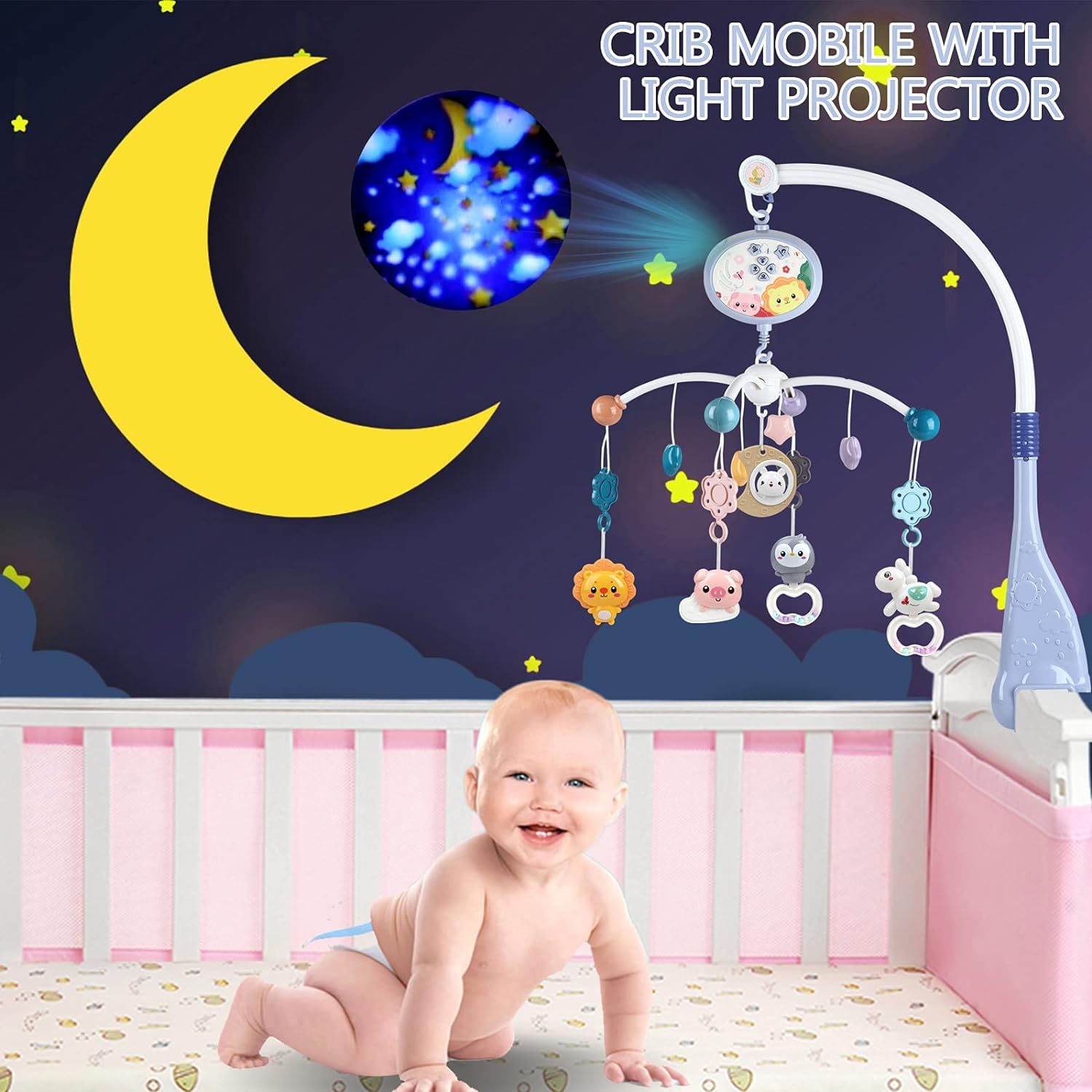 Baby Crib Mobile with Music and Lights, Hanging Rotating Animals Rattles, Stars Projection, Remote Control, for Boy Girl Newborn Baby Toys 3-6 Month, Baby Teething Toys for Bite Grip, Blue Upgraded