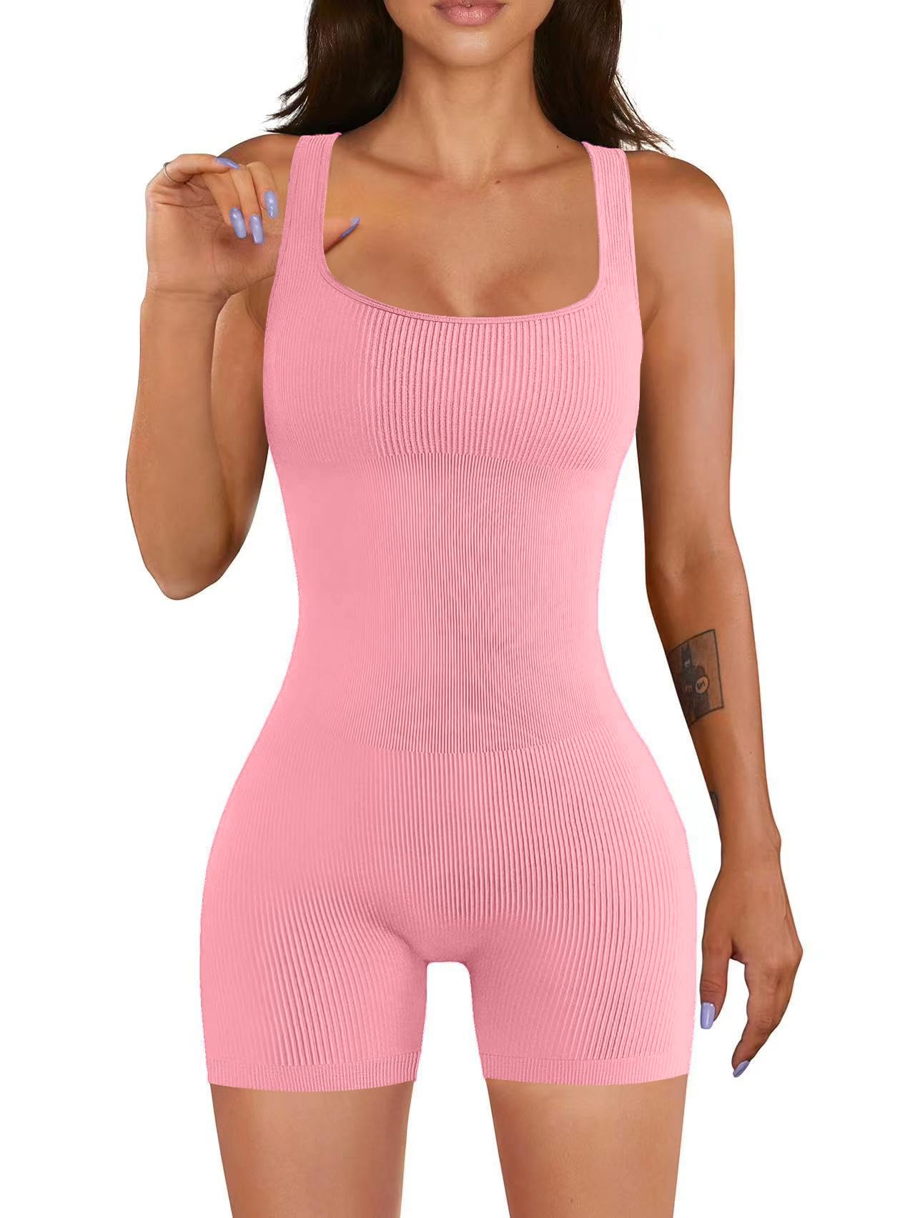 eoeoo Women's Ribbed Seamless Athletic Square Neck Workout Tank Bodycon One Piece Romper Pink Small