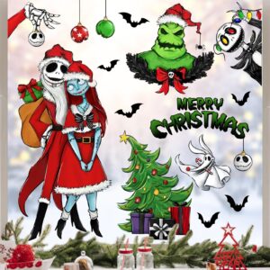 mfault 121 pcs merry christmas nigh.tmare bef.ore christmas window clings 9 sheets, jack skellington sally xmas tree skull stickers decal decoration, 2024 new year home kitchen winter holiday decor