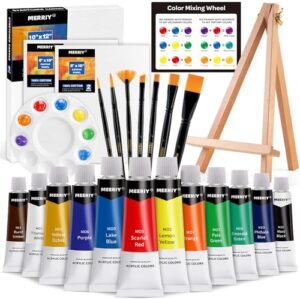 merriy art paint set, painting supplies kit with tabletop easel, 12 colors acrylic paints,10"x 12" stretched canvas, paint brush set, premium acrylic paint set for adults artists& beginners, age 15+