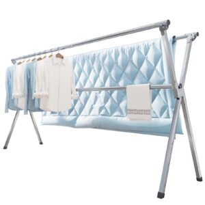 vikaqi clothes drying rack 63 inches folding indoor outdoor, drying rack clothing collapsible, foldable portable laundry drying rack, heavy duty laundry hanger dryer rack, with 20 hooks 12 clips