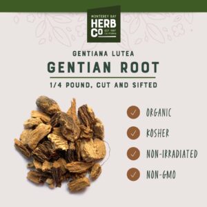 Monterey Bay Herb Co. Organic Gentian Root, Cut & Sifted | Yellow Gentian or Bitterwort | Similar to Hops | Herbal Bitters and Tea Blends (1/4 Pound)