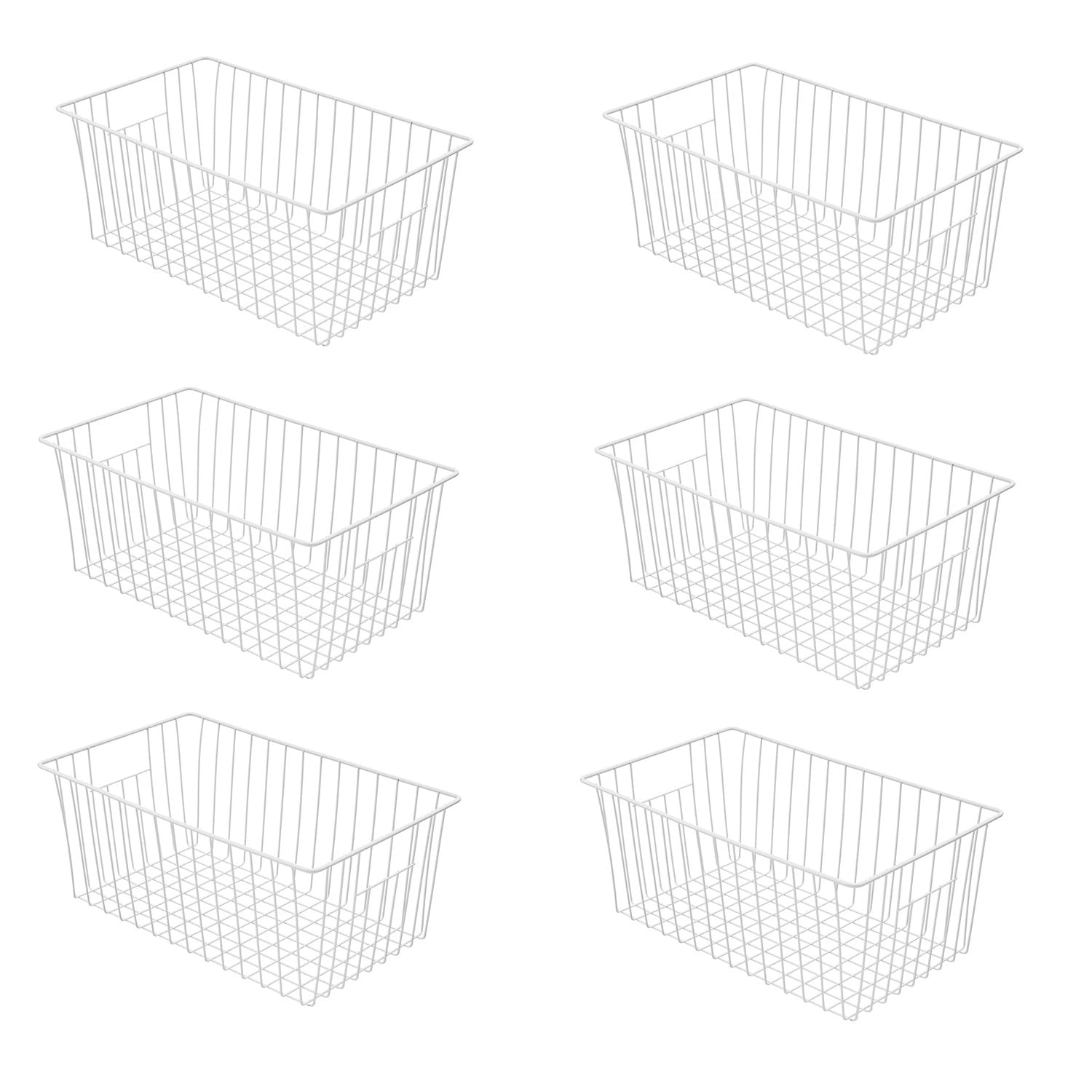 lonpute 16Lx12Wx6H inch Wider Freezer Organizer Baskets Container, Refrigerator Metal Wire Storage Bins with Handles for Kitchen, Pantry, Cabinet, Closets - Pearl White（6 Packs