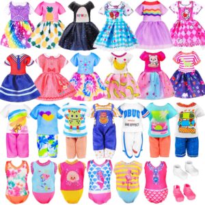 16pcs doll clothes and accessories for 5.3 inch - 6 inch dolls include 3 tops, 3 pants for boy dolls and 5 dresses, 3 bikinis for girl dolls and 2 pairs shoes (no doll)