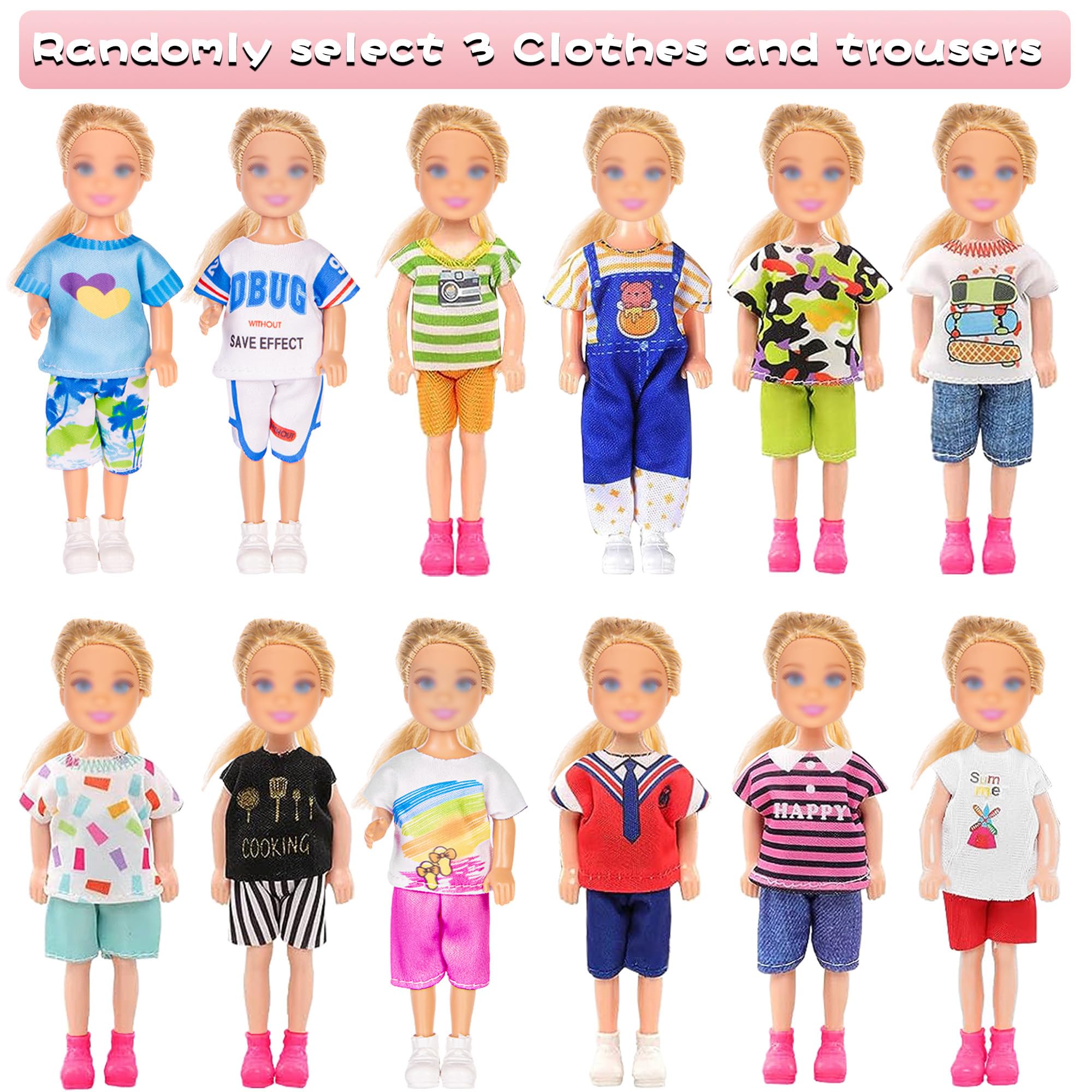 16pcs Doll Clothes and Accessories for 5.3 inch - 6 inch Dolls Include 3 Tops, 3 Pants for Boy Dolls and 5 Dresses, 3 Bikinis for Girl Dolls and 2 Pairs Shoes (No Doll)