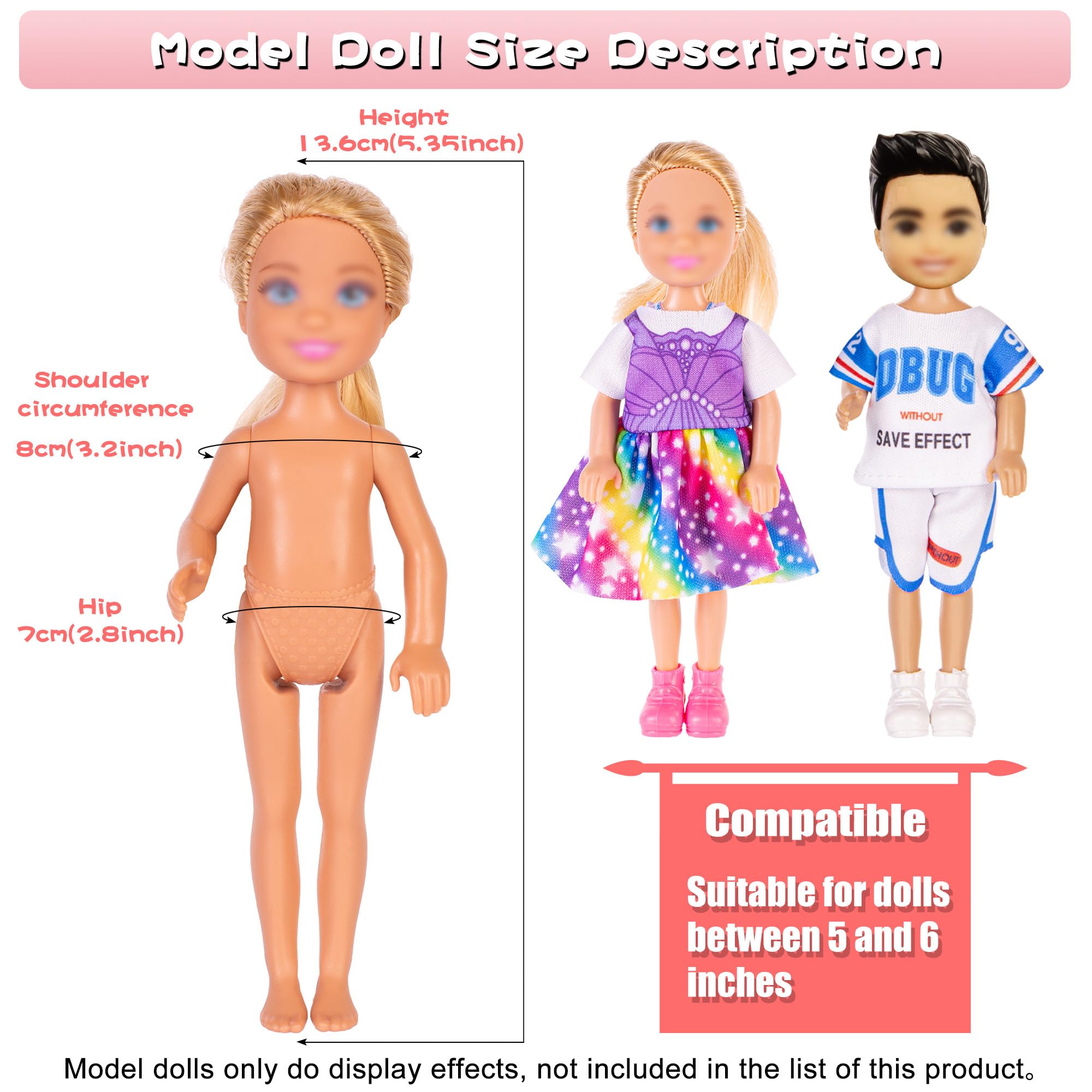 16pcs Doll Clothes and Accessories for 5.3 inch - 6 inch Dolls Include 3 Tops, 3 Pants for Boy Dolls and 5 Dresses, 3 Bikinis for Girl Dolls and 2 Pairs Shoes (No Doll)