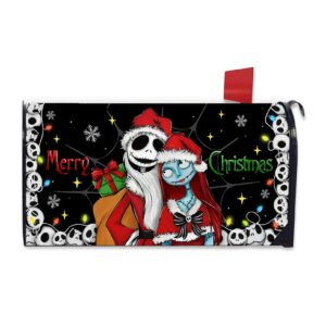 fbcoo merry christmas mailbox cover magnetic standard size 21"x19", xmas jack skellington sally skulls decorative post letter box decor, funny holiday black garden yard outdoor decoration