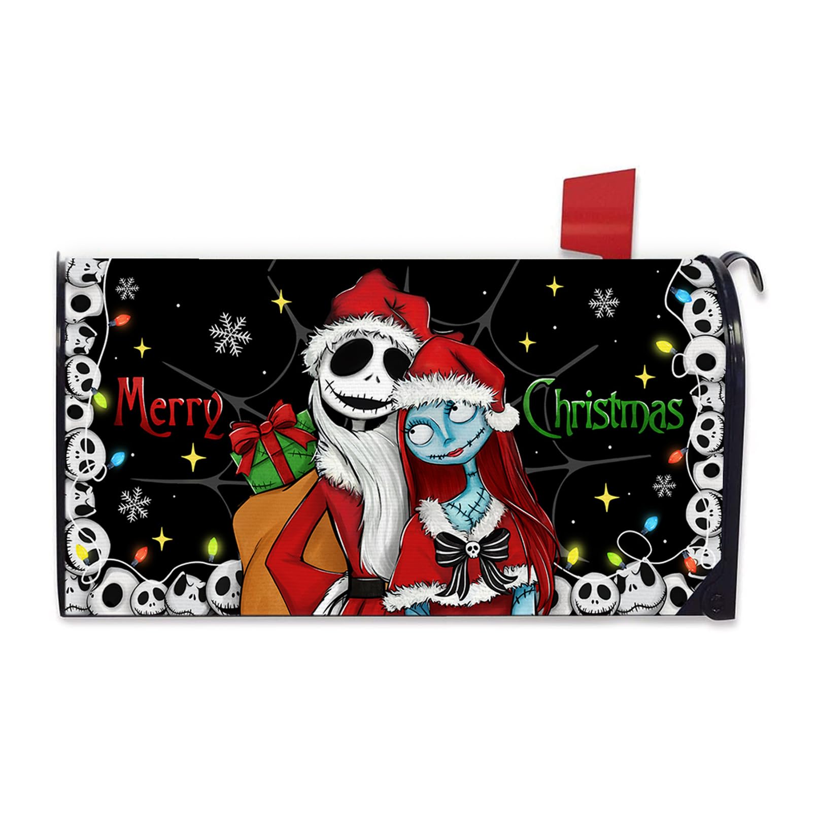 FBCOO Merry Christmas Mailbox Cover Magnetic Standard Size 21"x19", Xmas Jack Skellington Sally Skulls Decorative Post Letter Box Decor, Funny Holiday Black Garden Yard Outdoor Decoration