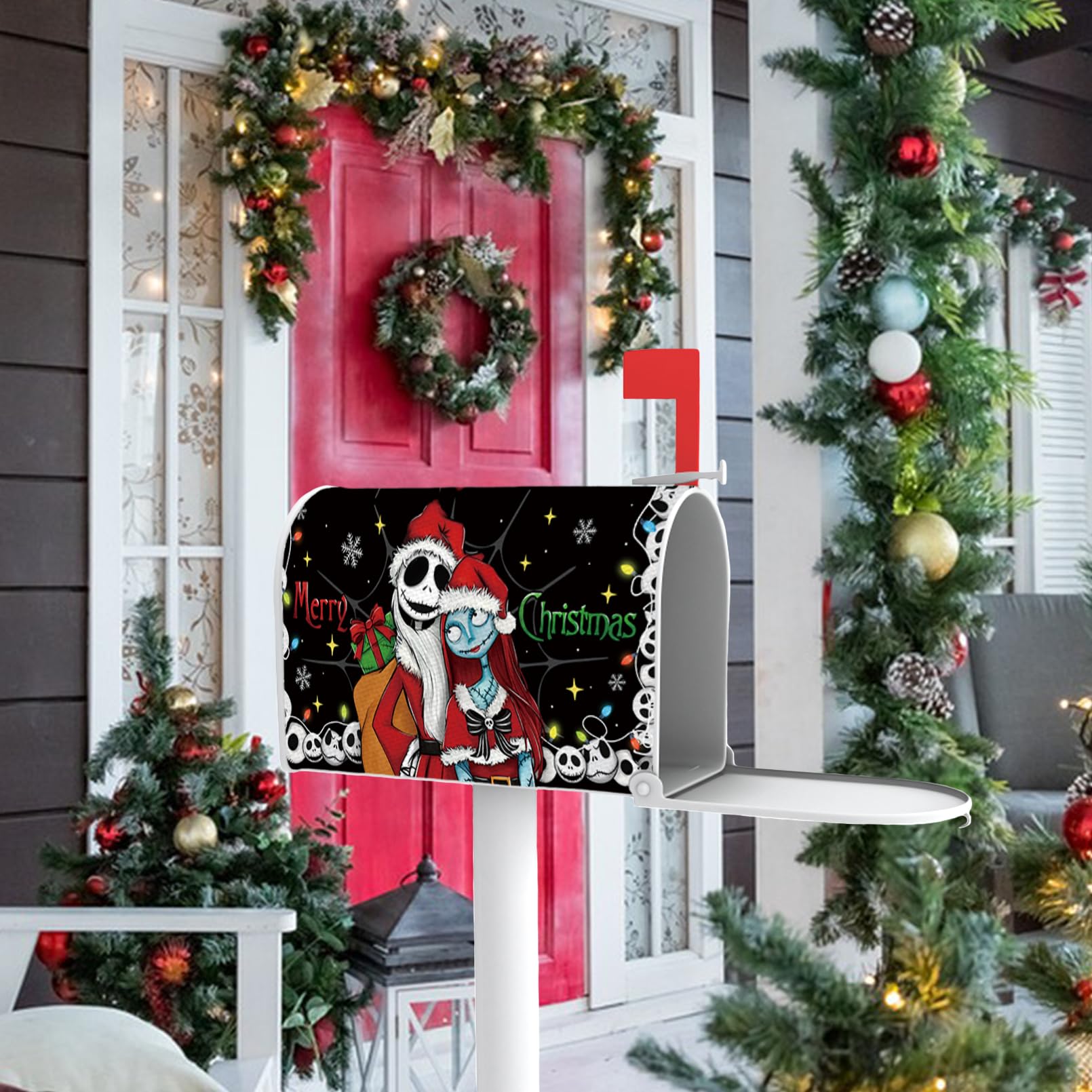 FBCOO Merry Christmas Mailbox Cover Magnetic Standard Size 21"x19", Xmas Jack Skellington Sally Skulls Decorative Post Letter Box Decor, Funny Holiday Black Garden Yard Outdoor Decoration