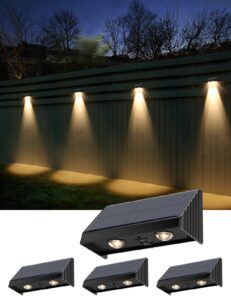 solar powered fence lights outdoor wall mount led decorative waterproof yard lamps for outside stair, rail, deck, backyard, house patio, pool, design for long-lasting dusk to dawn, warm white 4 pack